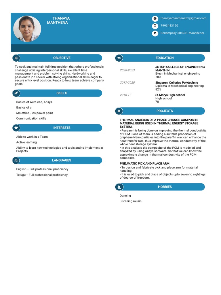 M.THANAYA CV | PDF | Mechanical Engineering | Physical Sciences