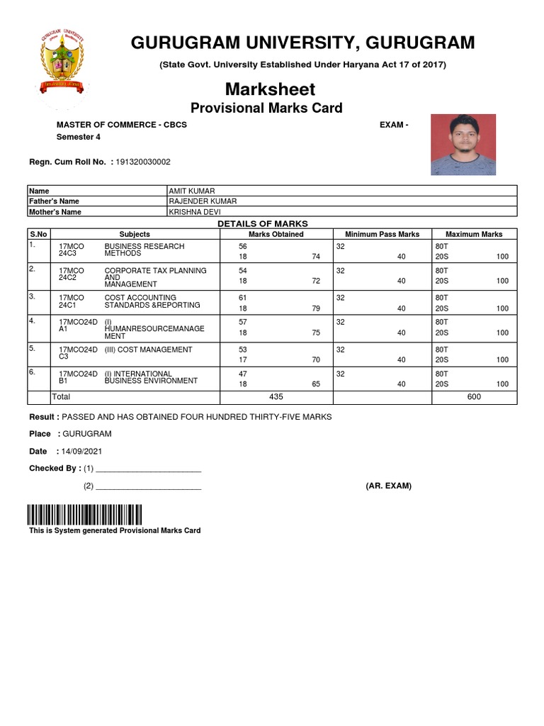 Gurugram University, Gurugram Marksheet: Provisional Marks Card | PDF