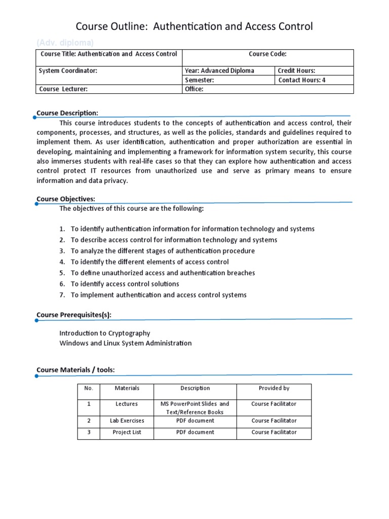 Authentication and Access Control - Course Outline (Updated) | PDF ... Authentication and Access Control - Course Outline (Updated) | PDF ...