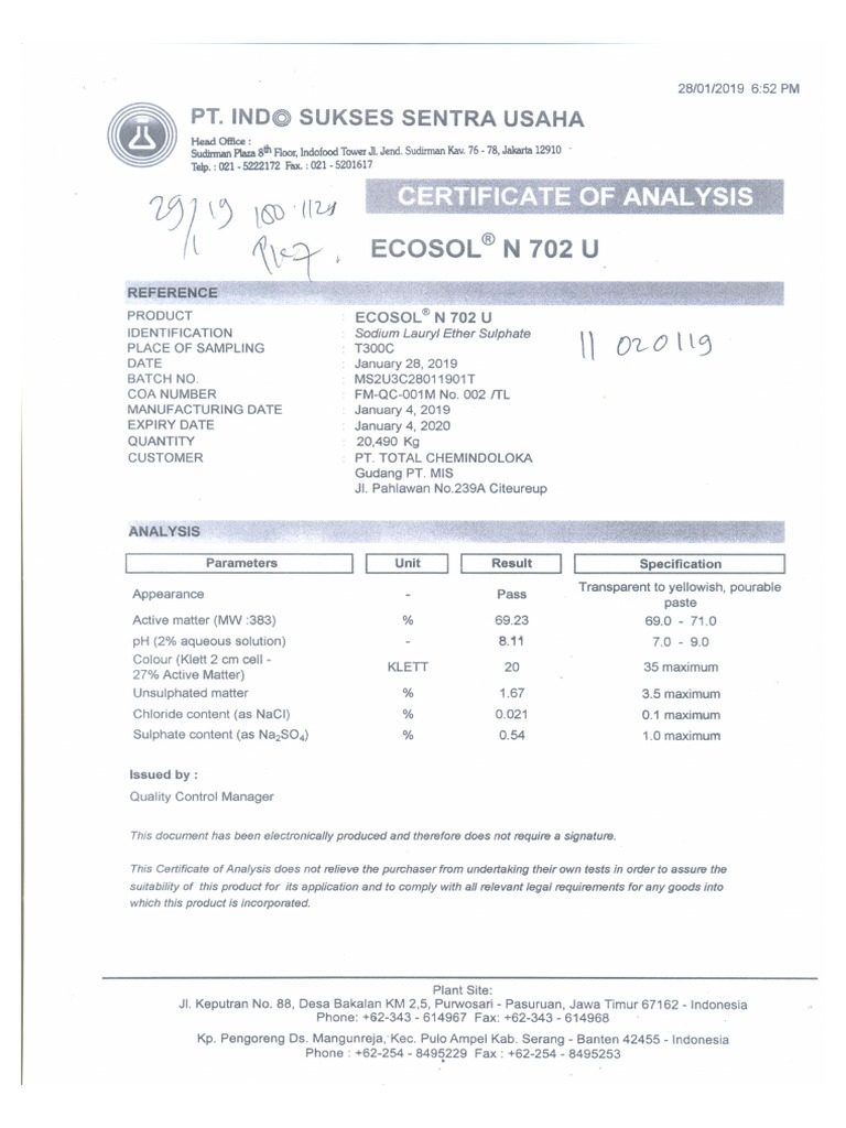 COA Ecosol N 702 U | PDF