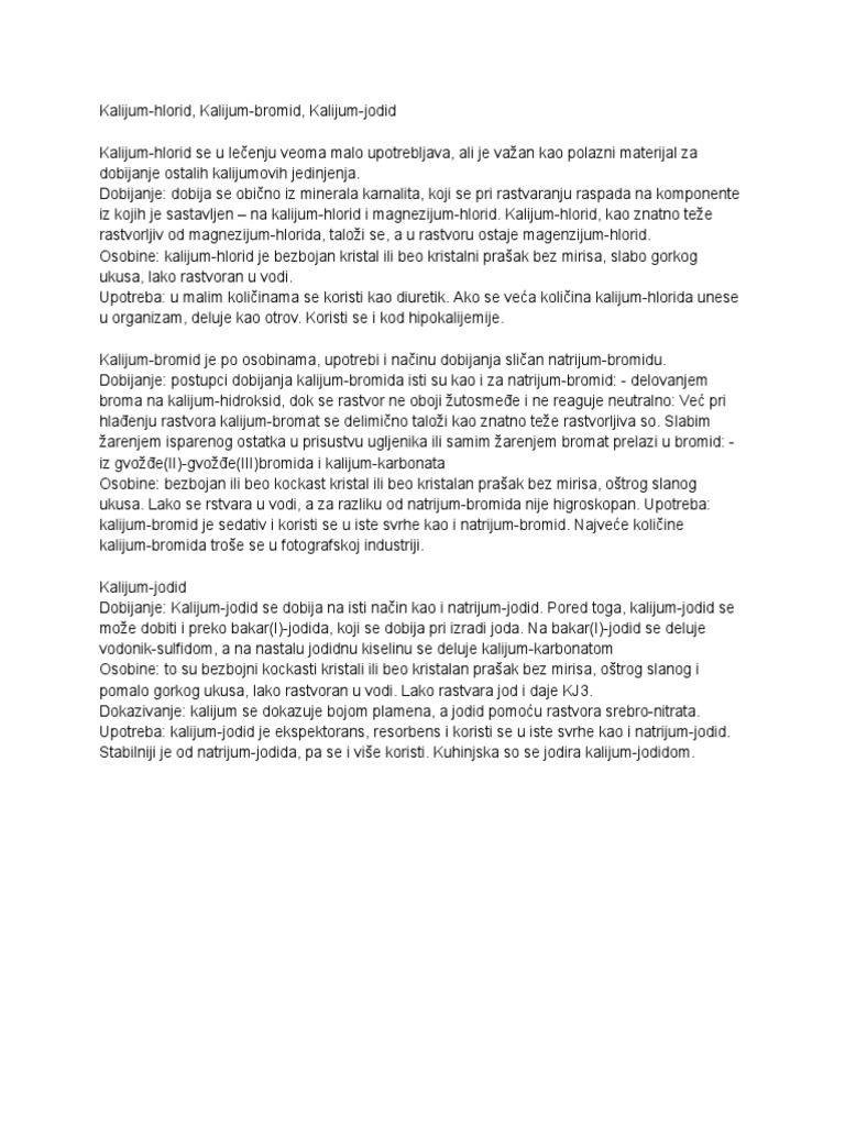 FARMACEUTSKA HEMIJA Kalijum-Hlorid, Kalijum-Bromid, Kalijum-Jodid | PDF