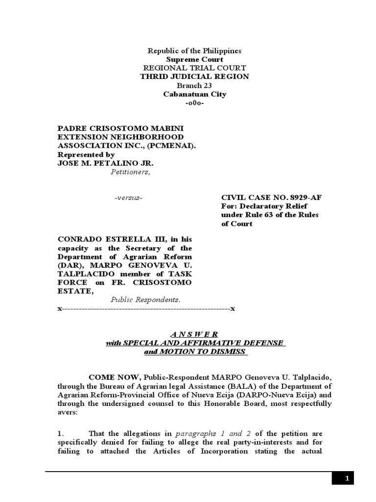 Answer Draft | PDF | Lawsuit | Declaratory Judgment