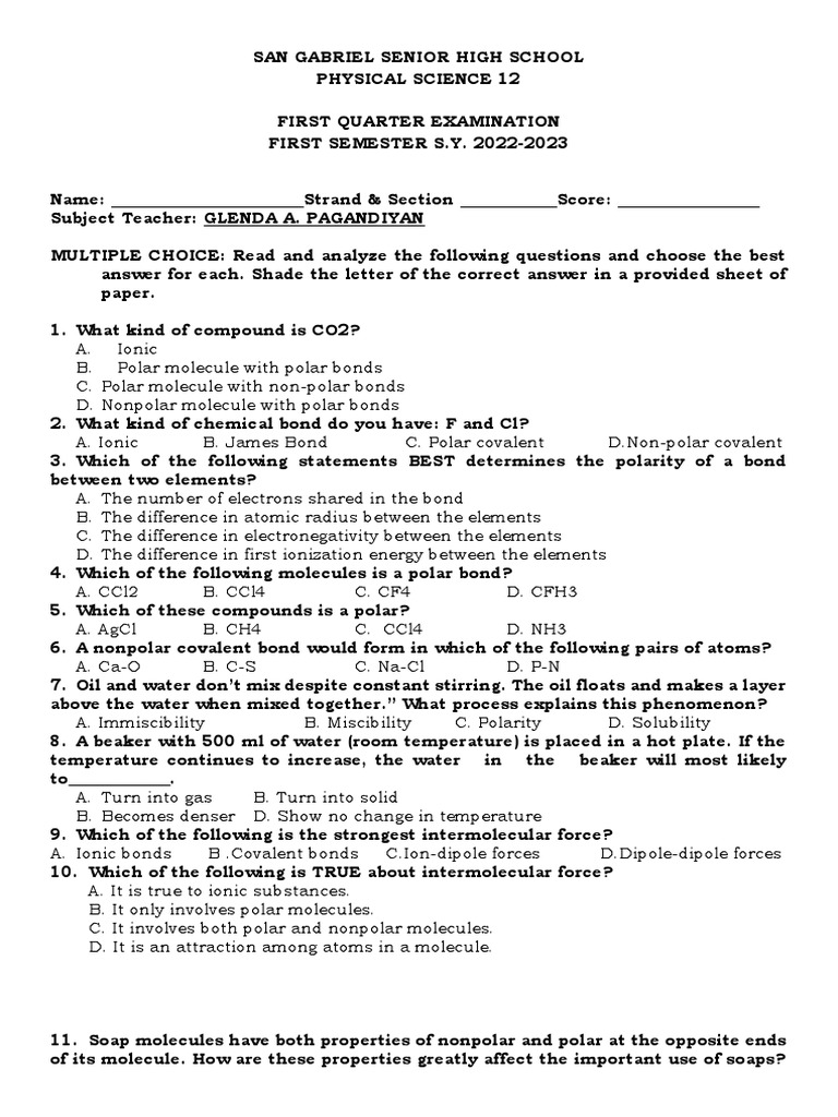 Physical-Science EXAM TO PRINT | PDF | Chemical Polarity | Chemical Bond