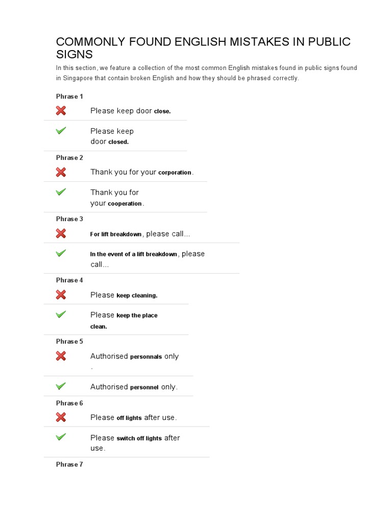 Commonly Found English Mistakes in Public Signs | PDF