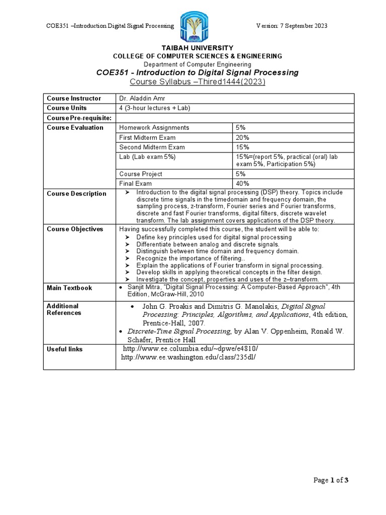 COE351 DSP Syllabus Third 2023 | PDF | Digital Signal Processing ...