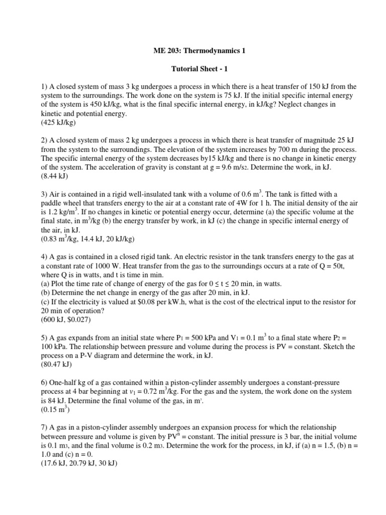 Tutorial Sheet 1 | PDF | Gases | Heat