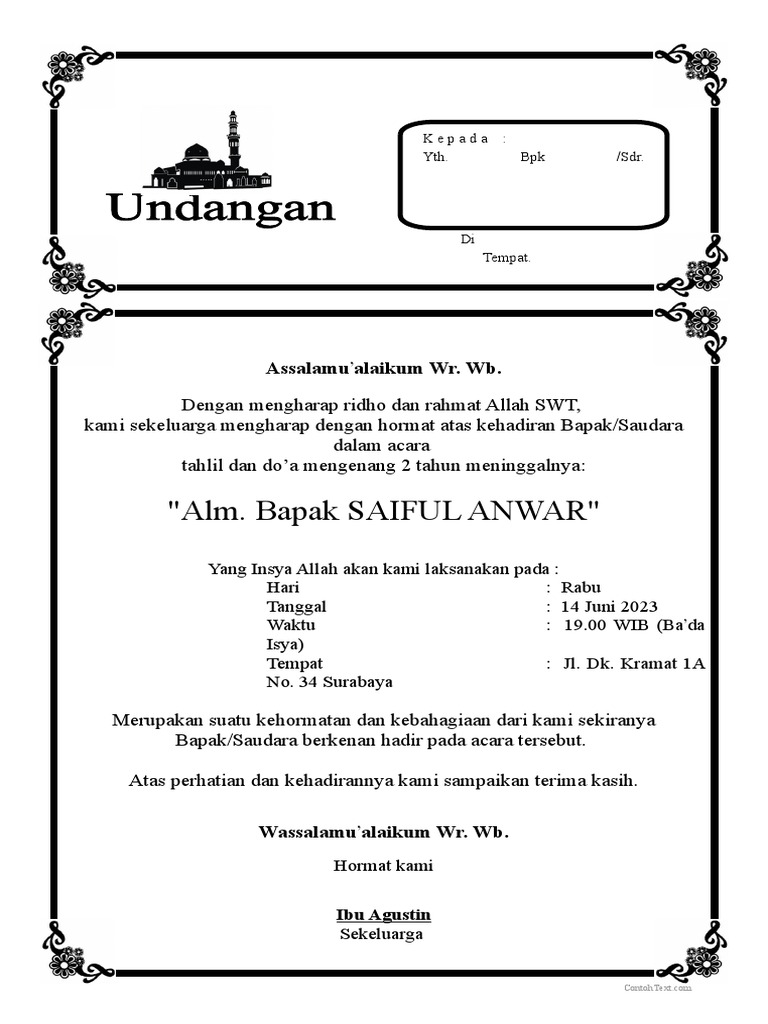 Undangan Tahlil 2 Tahun (Mendak Kedua) - contohtext | PDF