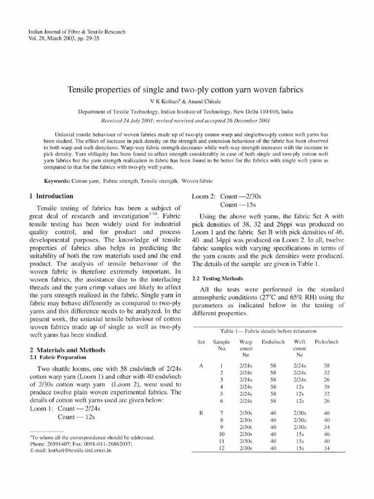 Tensile Properties of Single Yarns and Two-ply Cotton Yarn Woven ...