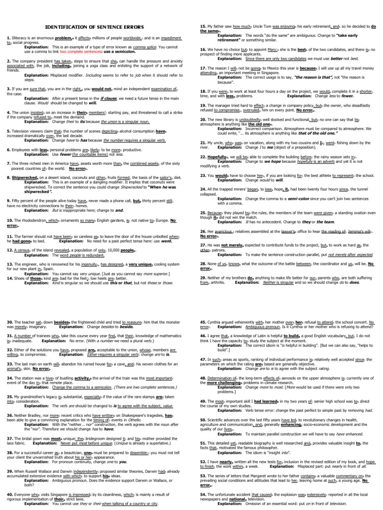 Identification of Sentence Errors | PDF | Verb | Clause