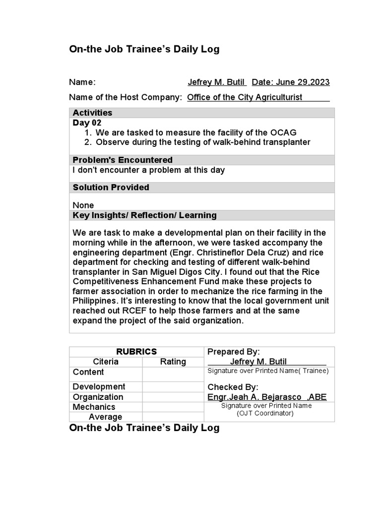 On-The Job Trainee's Daily Log-In | PDF | Agriculture | Seed