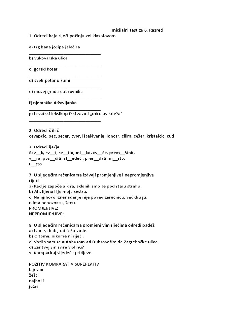 Inicijalni - Hrvatski 6. Razred | PDF