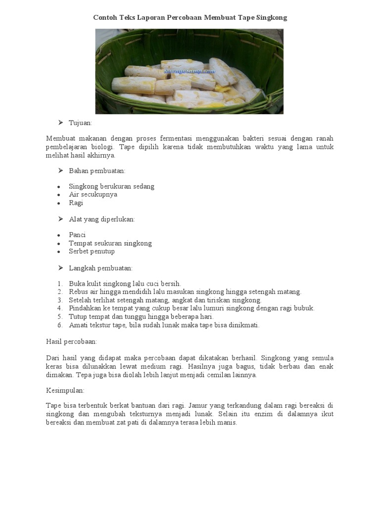 Contoh Teks Laporan Percobaan Membuat Tape Singkong | PDF