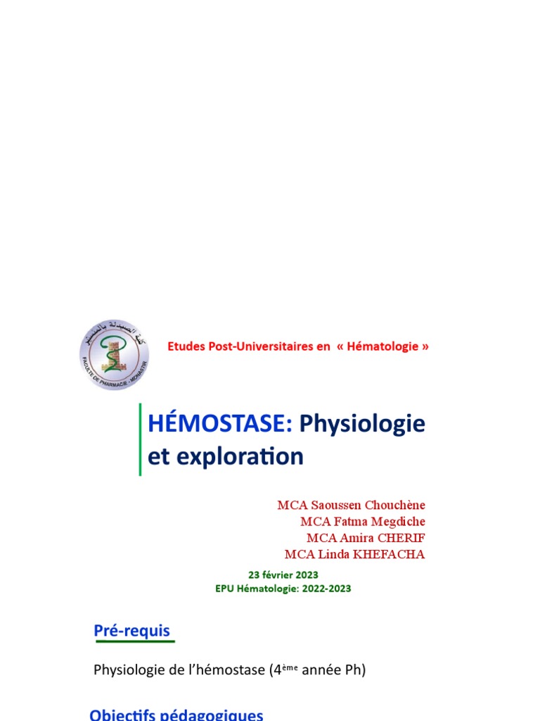 Exploration de l'Hémostase et Physiologie | PDF | Coagulation | Hémostasie