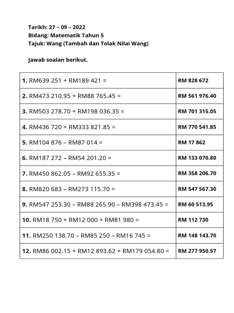 Tambah Dan Tolak Wang Tahun 5 2022 | PDF