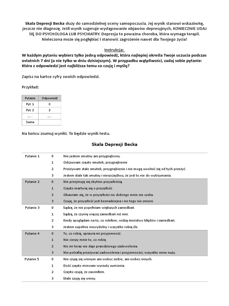 Skala Depresji Becka + Interpretacja | PDF