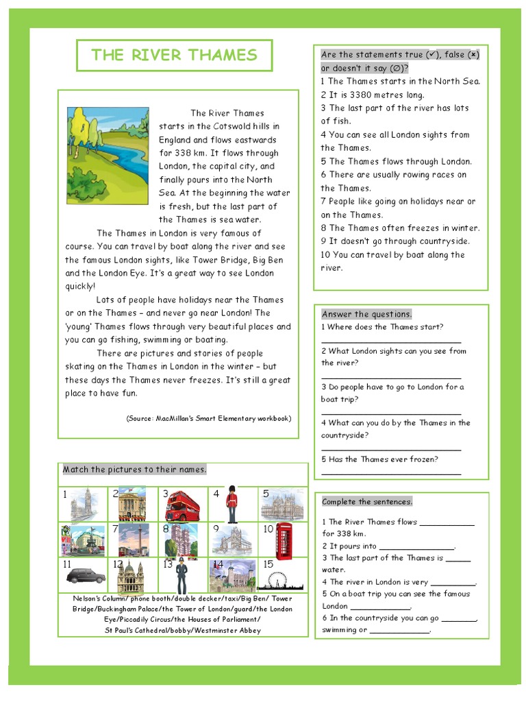 The River Thames London Sights Reading Comprehension Exercises Tests ...