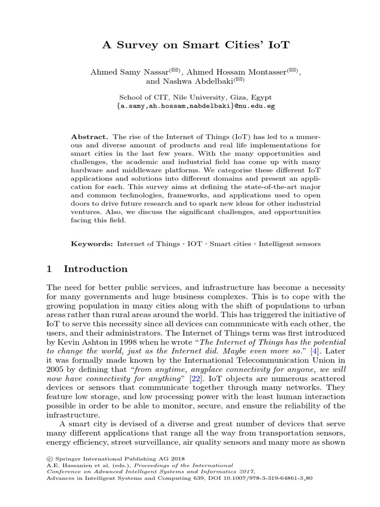 A Survey On Smart Cities' IoT | PDF | Internet Of Things | Home Automation