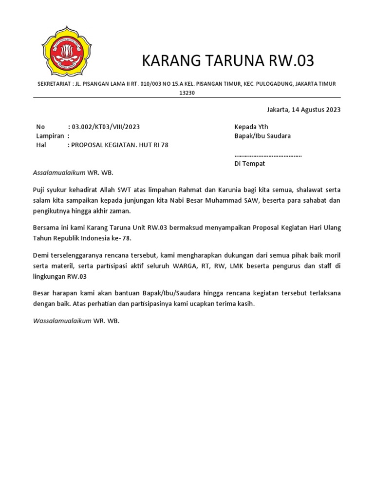 Proposal Karang Taruna HUT RI 78 | PDF