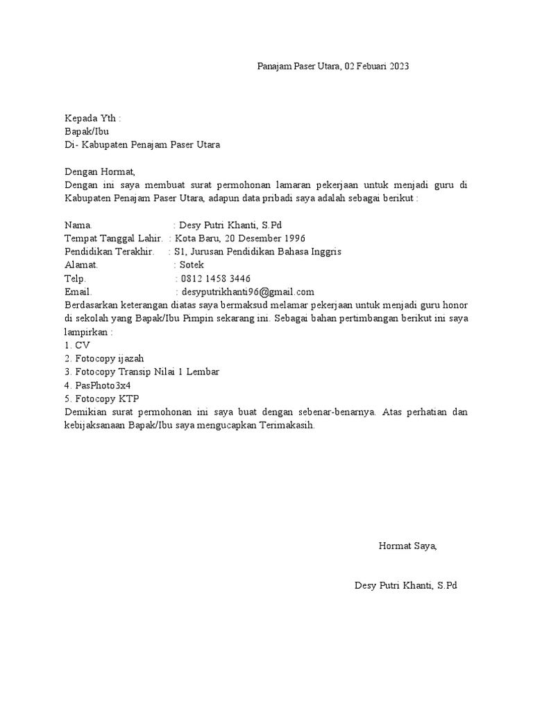 Surat Lamaran Desy Putri Khanti | PDF