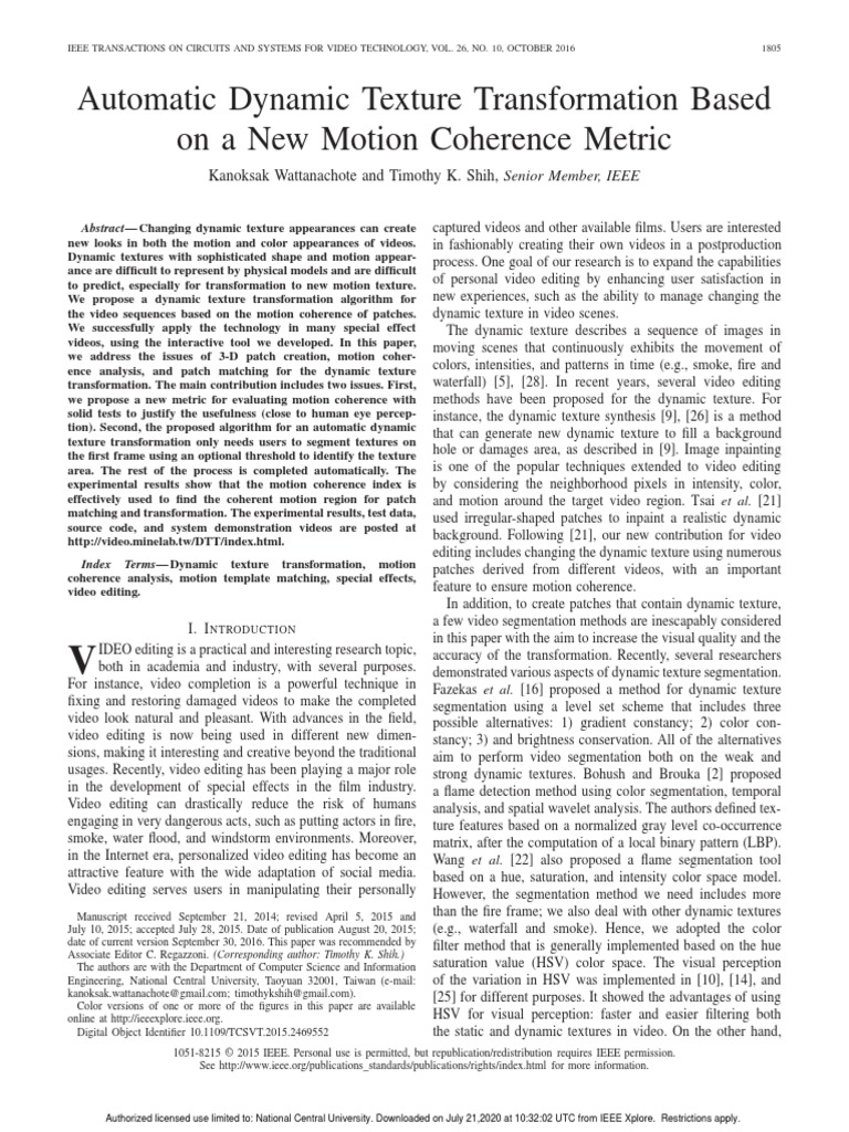 J136 Automatic Dynamic Texture Transformation Based On A New Motion Coherence Metric Pdf