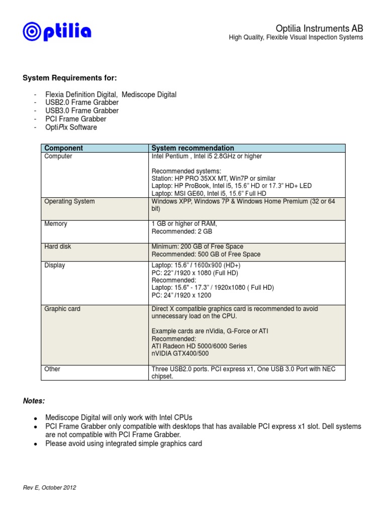 Optilia System Requirements | PDF | Laptop | Personal Computers