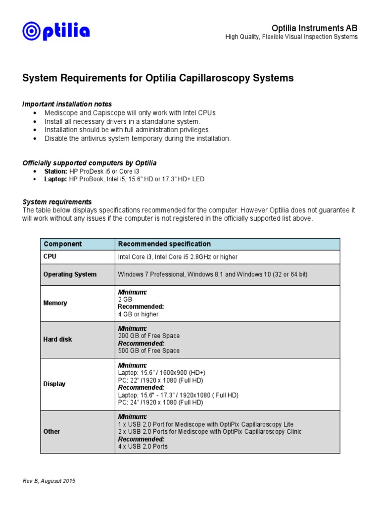 Optilia Capillaroscopy System Requirements - B | PDF