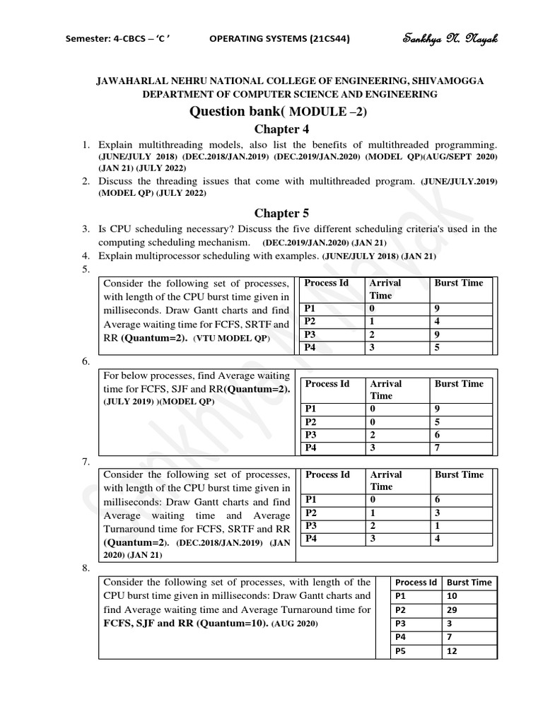 Os-Module2 Question Bank | PDF | Scheduling (Computing) | Thread (Computing)