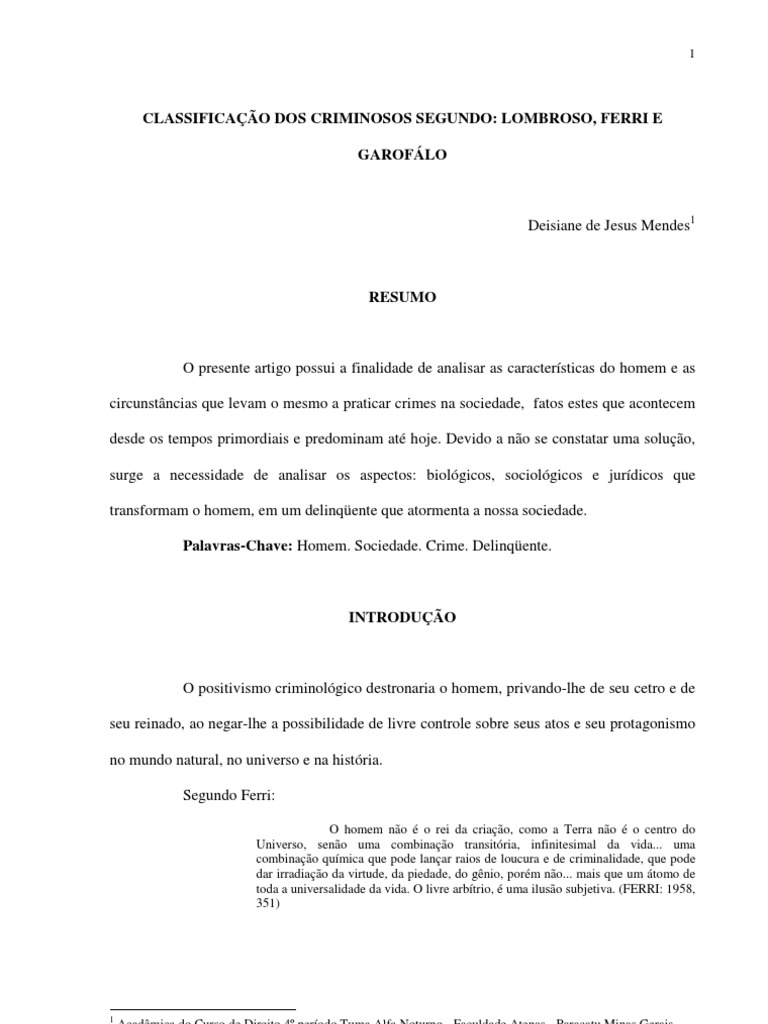 Classificação dos Criminosos: Lombroso e Ferri | PDF | Criminologia ...