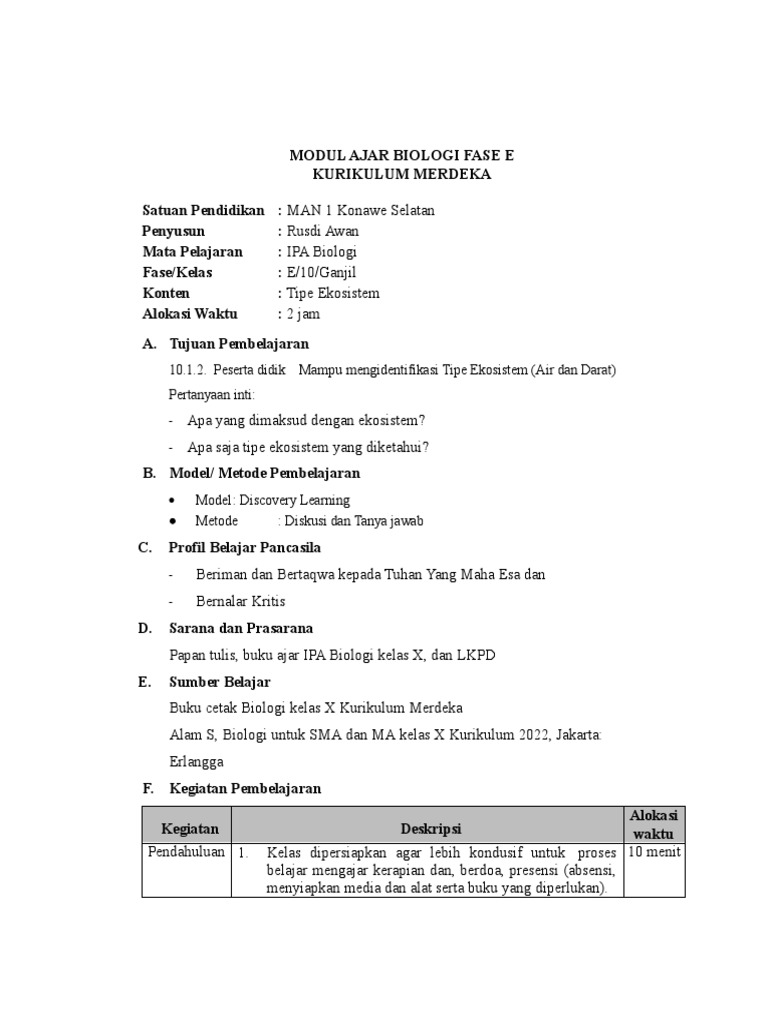 MODUL AJAR BIOLOGI FASE E-1 | PDF