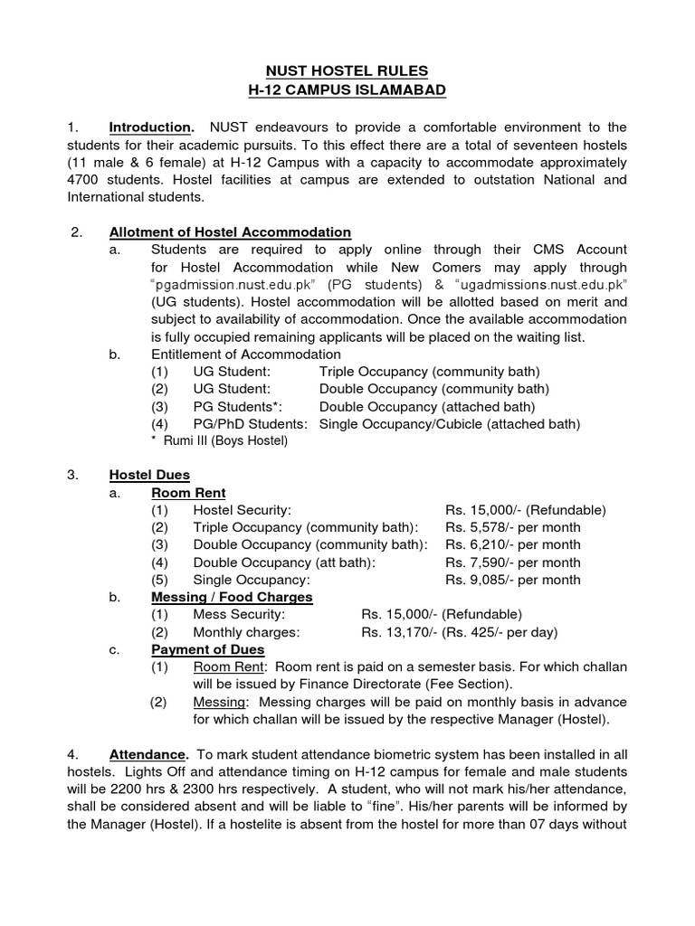 Nust Hostel Rules 2023 - 230806 - 210417 | PDF