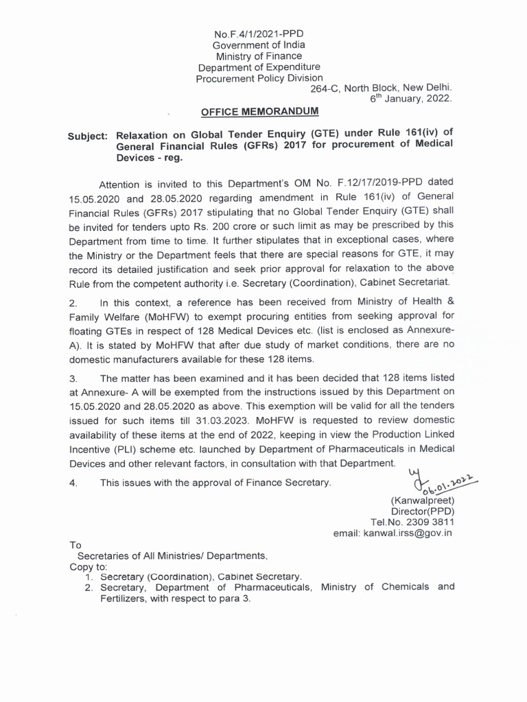Relaxation On Global Tender Enquiry (GTE) Under Rule 161 (Iv) of ...