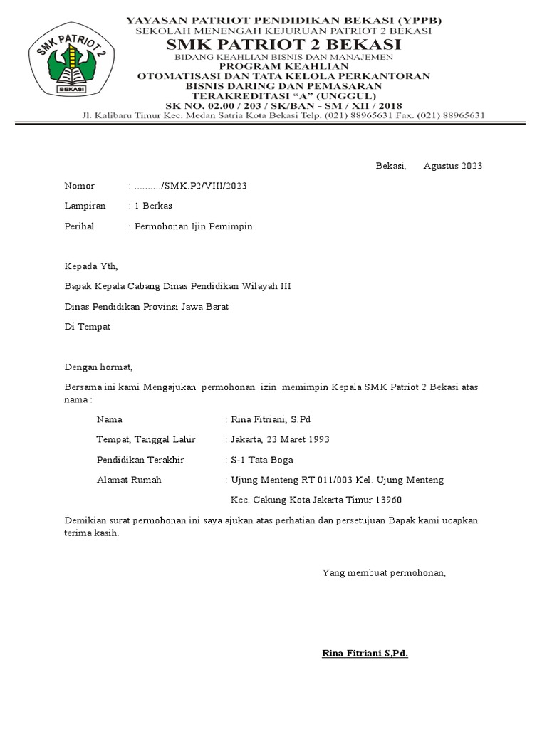 Permohonan Izin Bu Rina | PDF