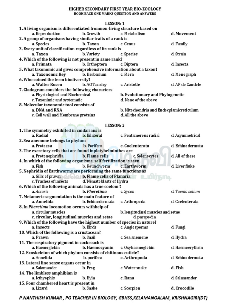 11th Bio Zoology Book Back One Mark Questions and Answers Mr. P ...