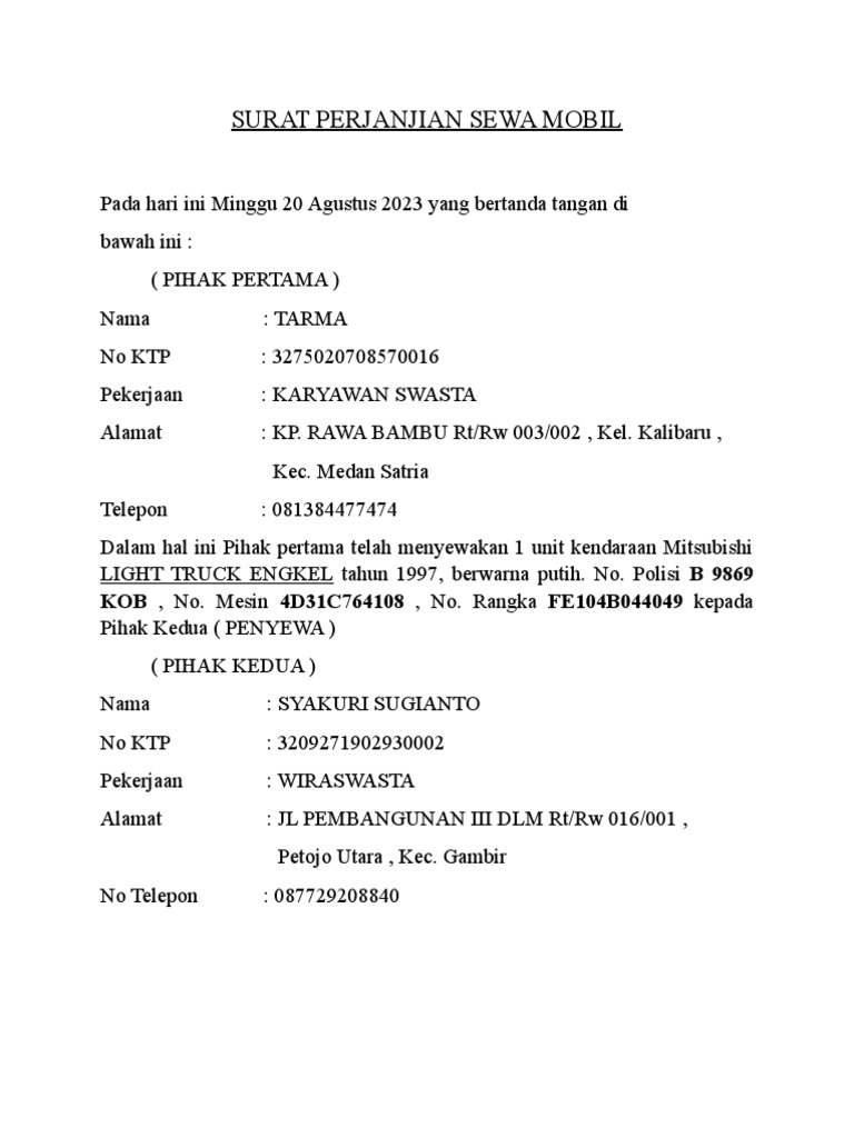 Surat Perjanjian Sewa Mobil | PDF