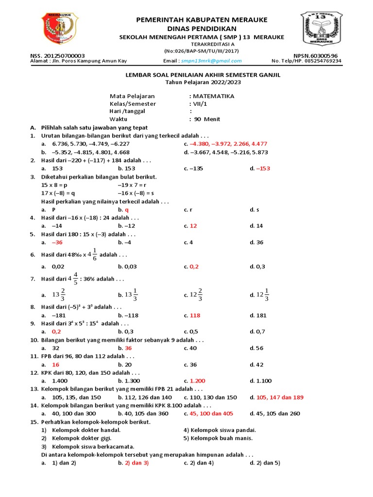 Soal PAS MTK Kelas 7 | PDF