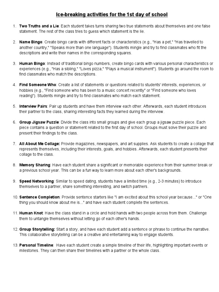 Ice-Breaking Activities For The 1st Day of School | PDF | Storytelling ...