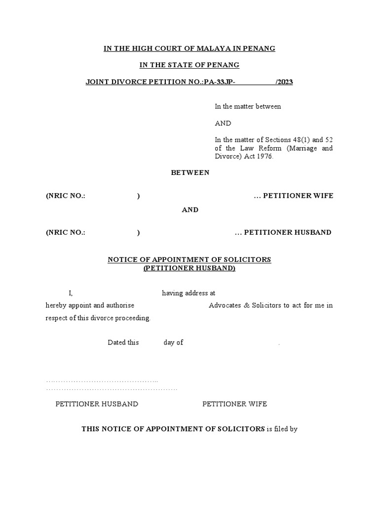 Notice of Solicitor Appointment in Divorce | PDF