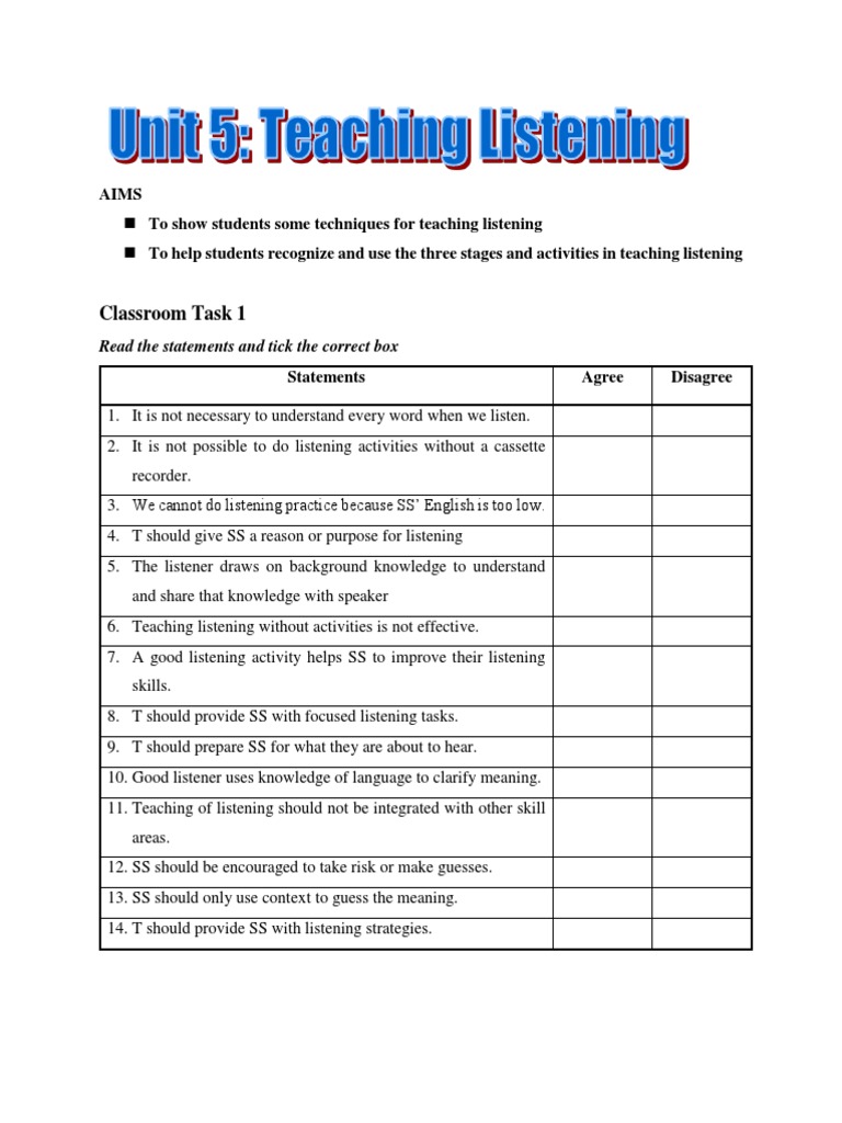 Unit 5 TEACHING LISTENING Handouts | PDF | Reading Comprehension ...