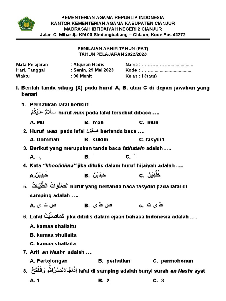 1 - Soal PAT Al-Quran Hadits Kelas 1 - 2023 | PDF
