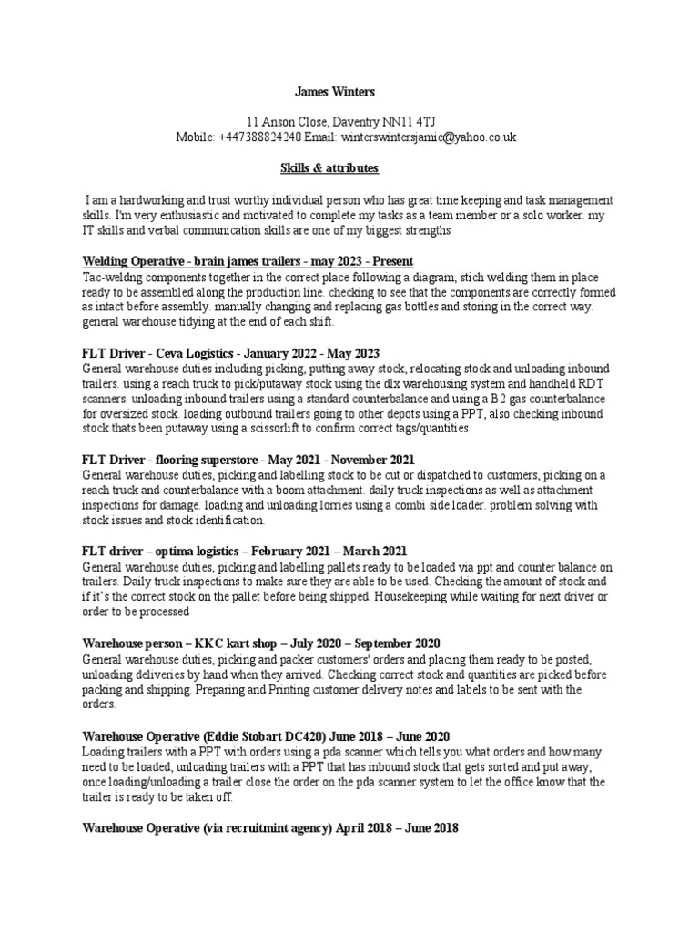 Resume James Winters | Download Free PDF | Warehouse | Logistics