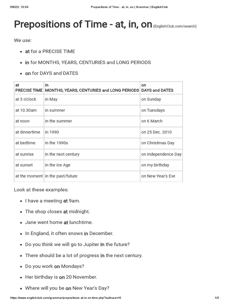 Prepositions of Time: At, In, On Guide | PDF | Workweek And Weekend