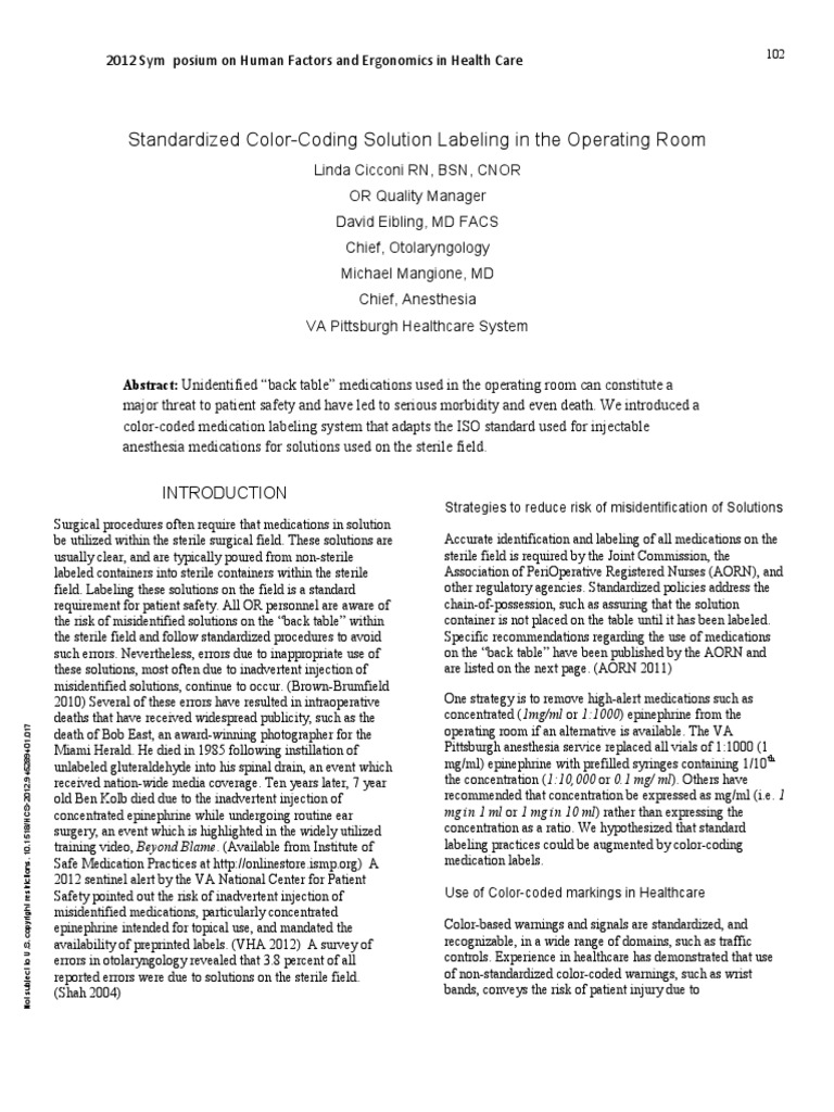Standardized Color-Coding Solution Labeling in The Operating Room | PDF ...