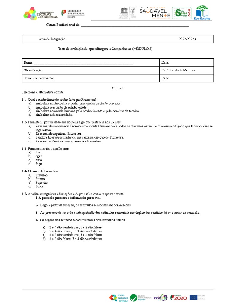 Teste de Avaliação de Conhecimentos 1.1 | PDF | Prometeu | Conhecimento
