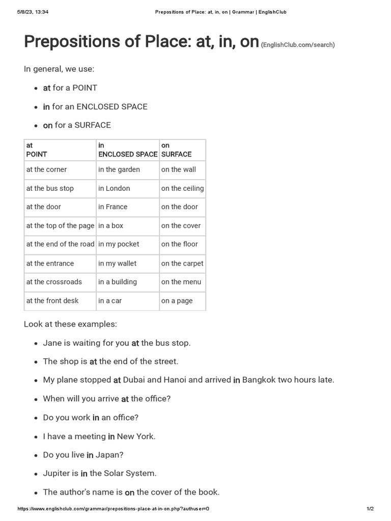 Prepositions of Place - At, In, On - Grammar - EnglishClub | PDF ...