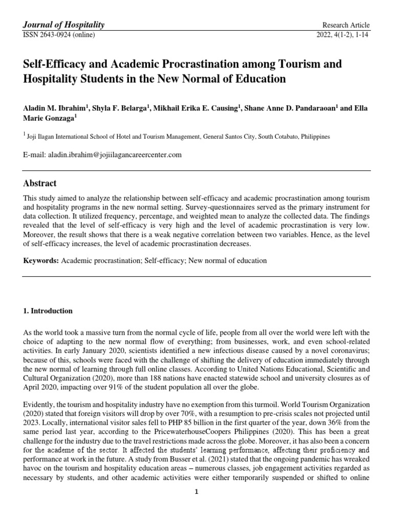 2022 Self-Efficacy and Academic Procrastination Among Tourism and Hospitality Students | PDF ...