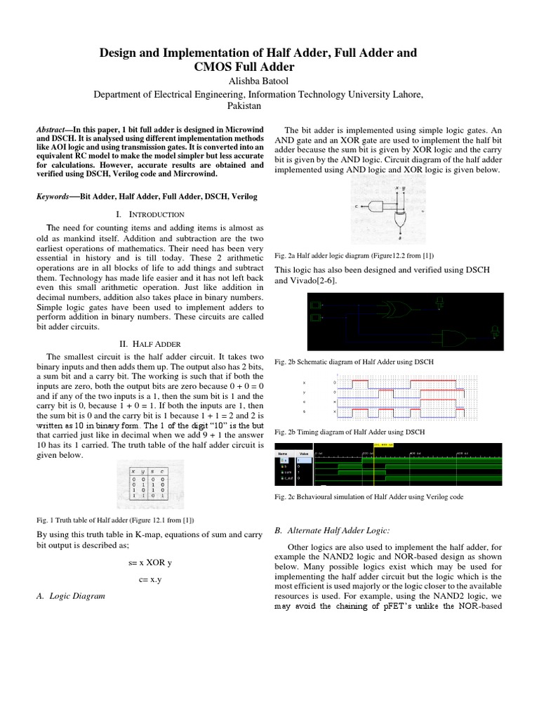 Design and Implementation of Half Adder, Full Adder and CMOS Full Adder | PDF | Logic Gate | Mosfet