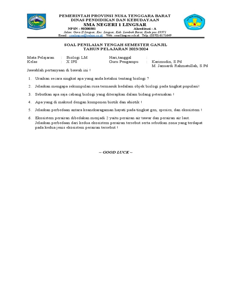 Soal PTS Ganjil Biologi Tp. 2023-2024 Kelas X | PDF