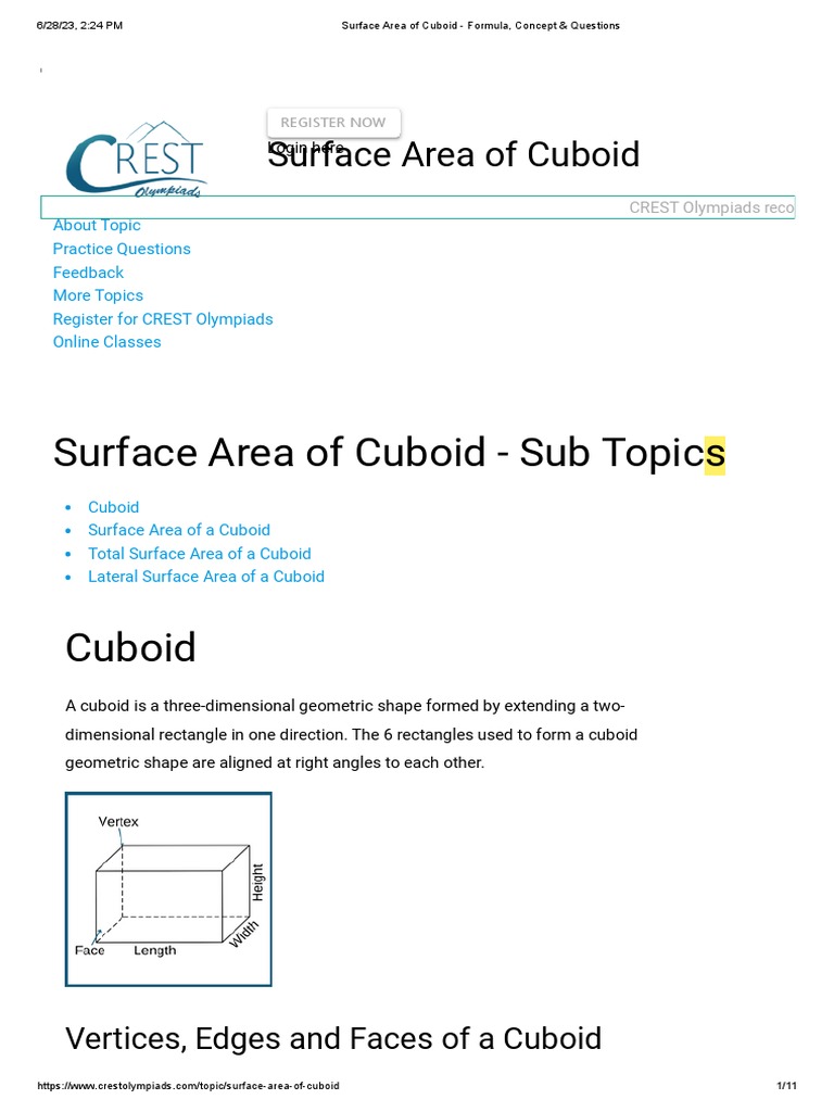 Surface Area of Cuboid - Formula, Concept & Questions | PDF | Area | Length