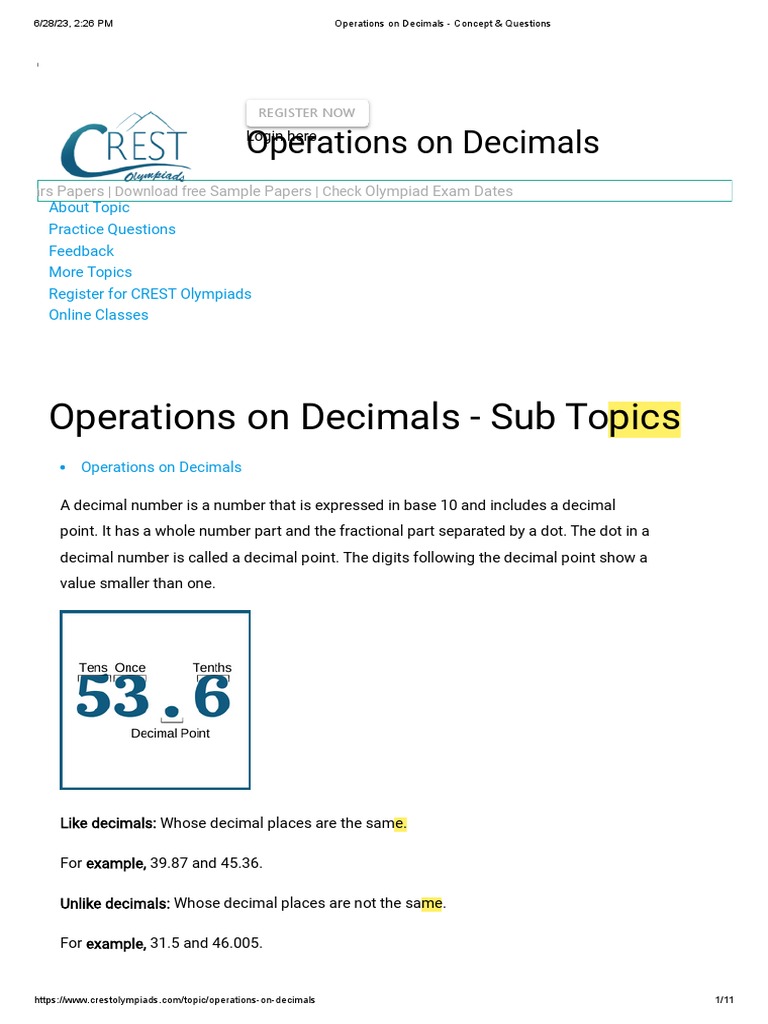 Operations On Decimals - Concept & Questions | PDF | Numbers | Decimal