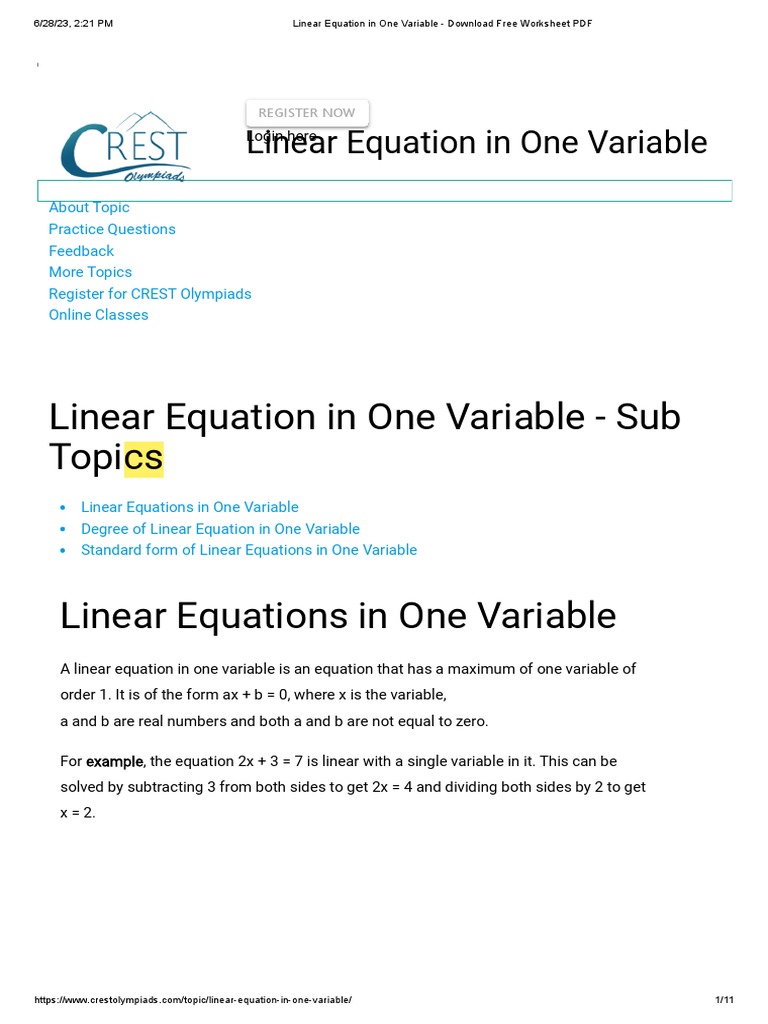 Linear Equation in One Variable - Download Free Worksheet PDF | PDF